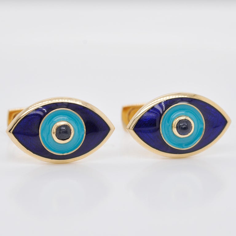 18 Karat Gold Evil Eye Enamel Blue Sapphire Cufflinks For Sale at ...