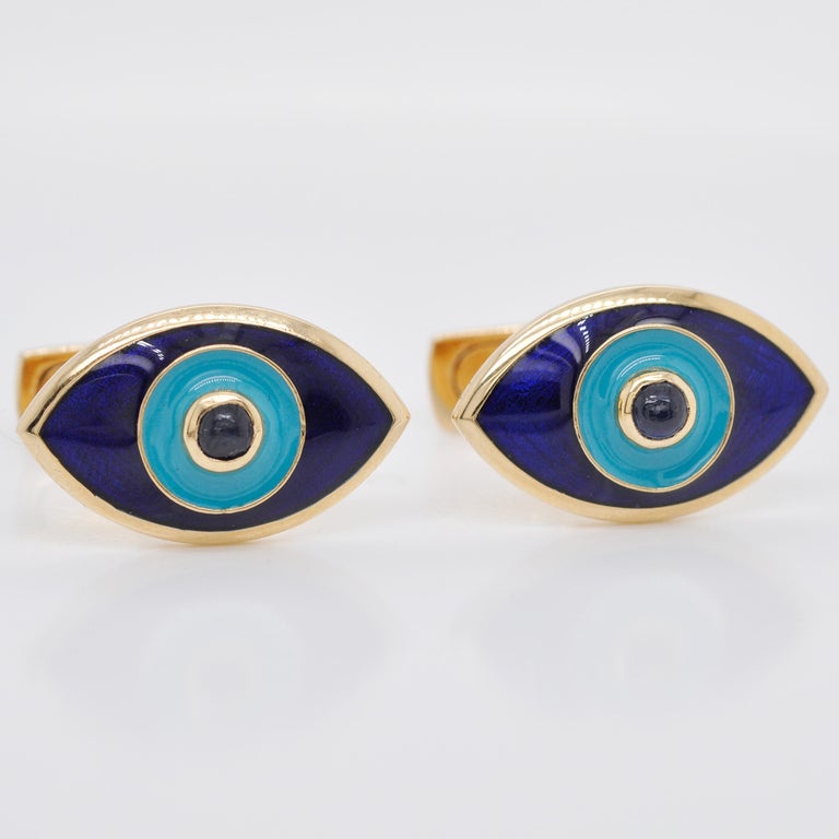 18 Karat Gold Evil Eye Enamel Blue Sapphire Cufflinks For Sale at ...
