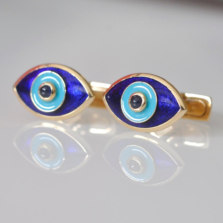 18 Karat Gold Evil Eye Enamel Blue Sapphire Cufflinks For Sale at ...