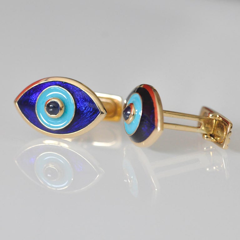 18 Karat Gold Evil Eye Enamel Blue Sapphire Cufflinks For Sale at ...