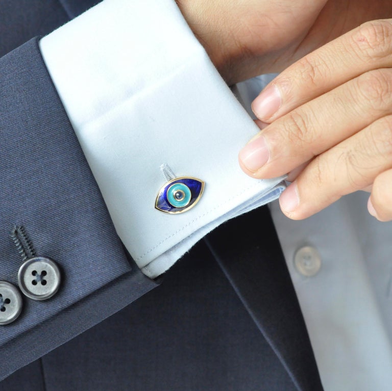 18 Karat Gold Evil Eye Enamel Blue Sapphire Cufflinks For Sale at ...