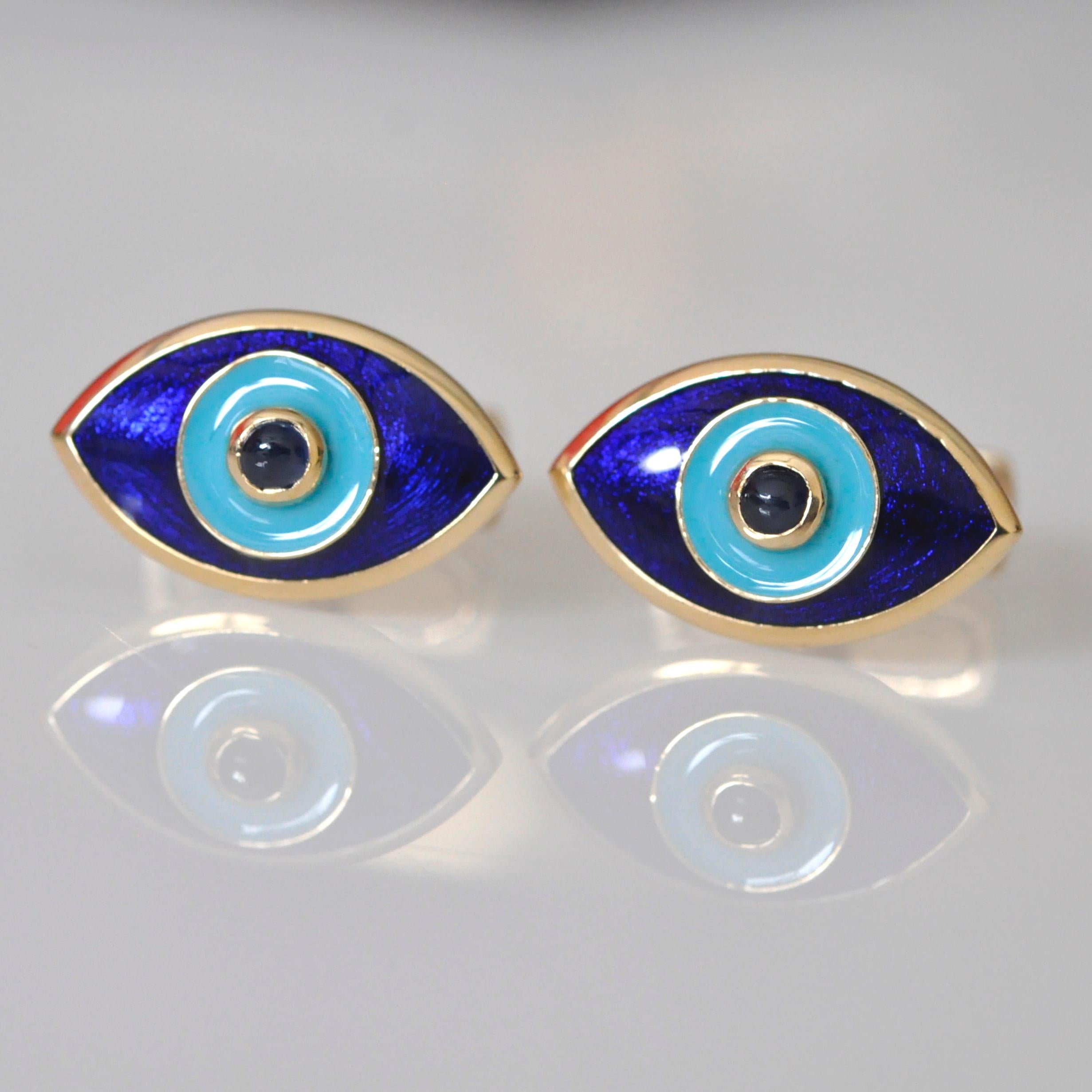 18 Karat Gold Evil Eye Turquoise Blue Enamel Blue Sapphire Cufflinks ...