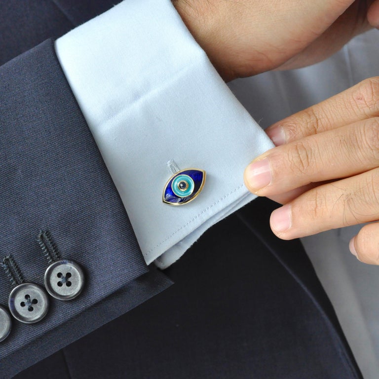 18 Karat Gold Evil Eye Enamel Blue Sapphire Cufflinks For Sale at ...