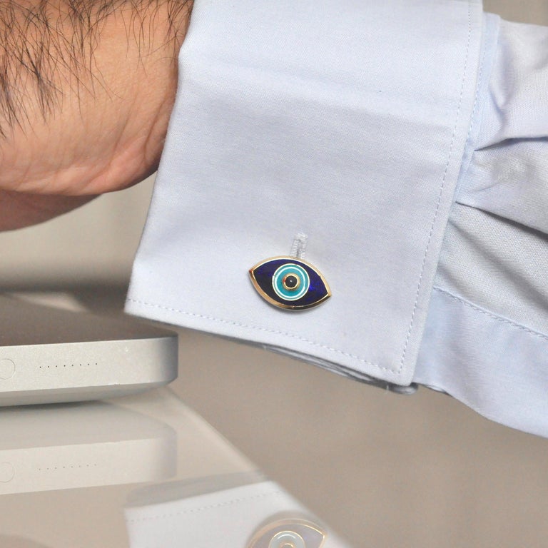 18 Karat Gold Evil Eye Enamel Blue Sapphire Cufflinks For Sale at ...