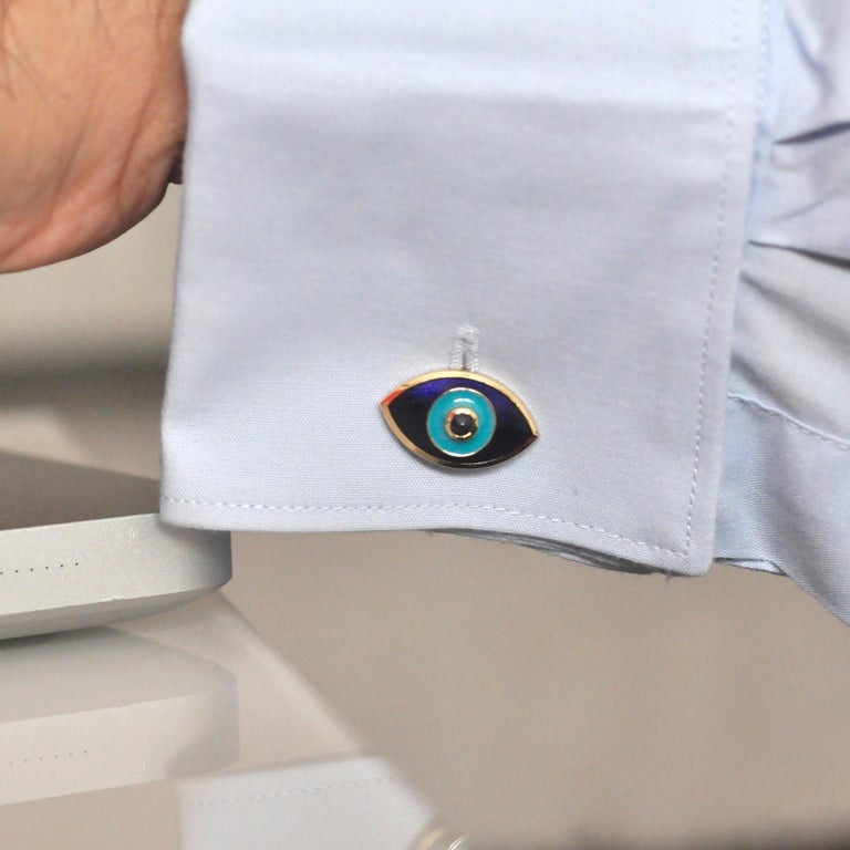 18 Karat Gold Evil Eye Enamel Blue Sapphire Cufflinks For Sale at ...