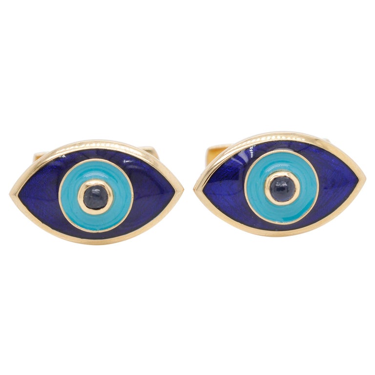 18 Karat Gold Evil Eye Enamel Blue Sapphire Cufflinks For Sale at ...