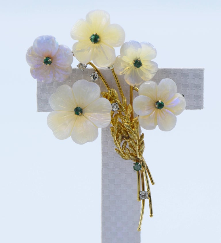 18 Karat Gold, Five Carved Opal, Emerald and Diamond Flower Brooch at ...