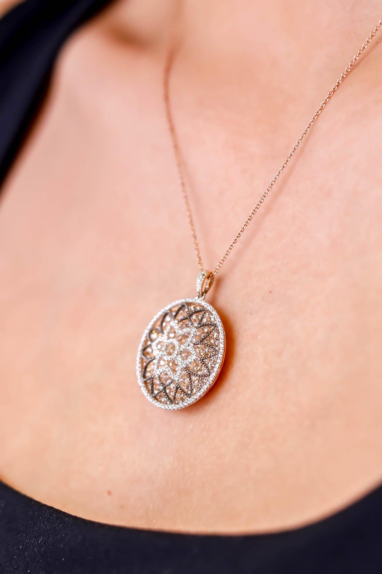 18 Karat Gold Floral White and Chocolate Diamonds Round Pendant by ...