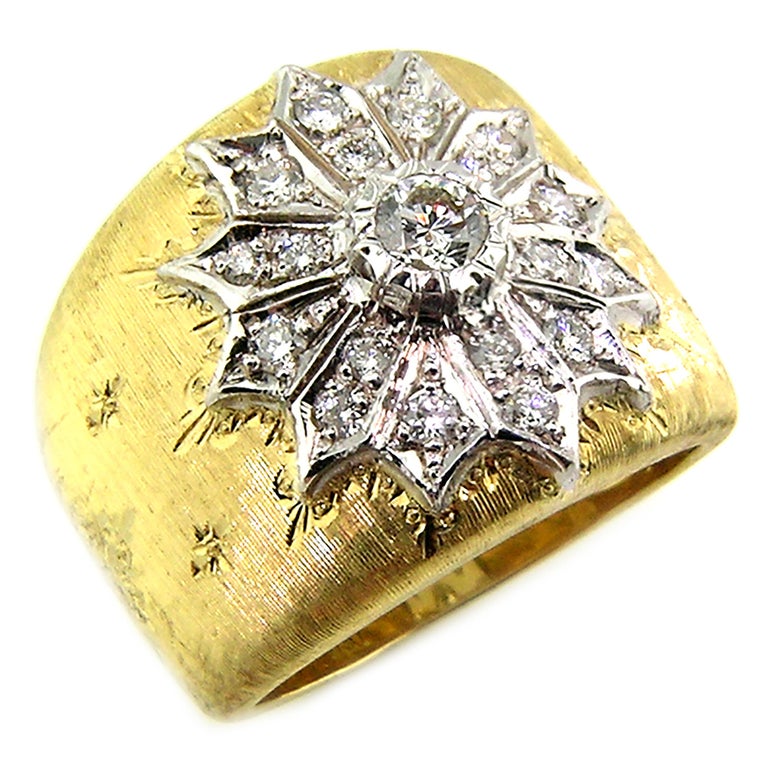 18kt Gold and Diamond Florentine Engraved Custom Ring, Handmade in ...