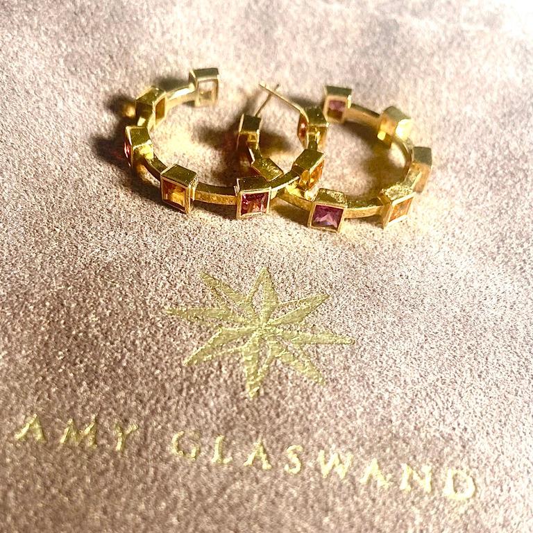 18 Karat Gold Geometric Hoop Earrings with Square Rhodolite and Citrine ...