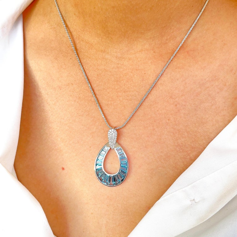 18 Karat Gold Gradient Blue Topaz Baguette Raindrop Diamond Pendant ...