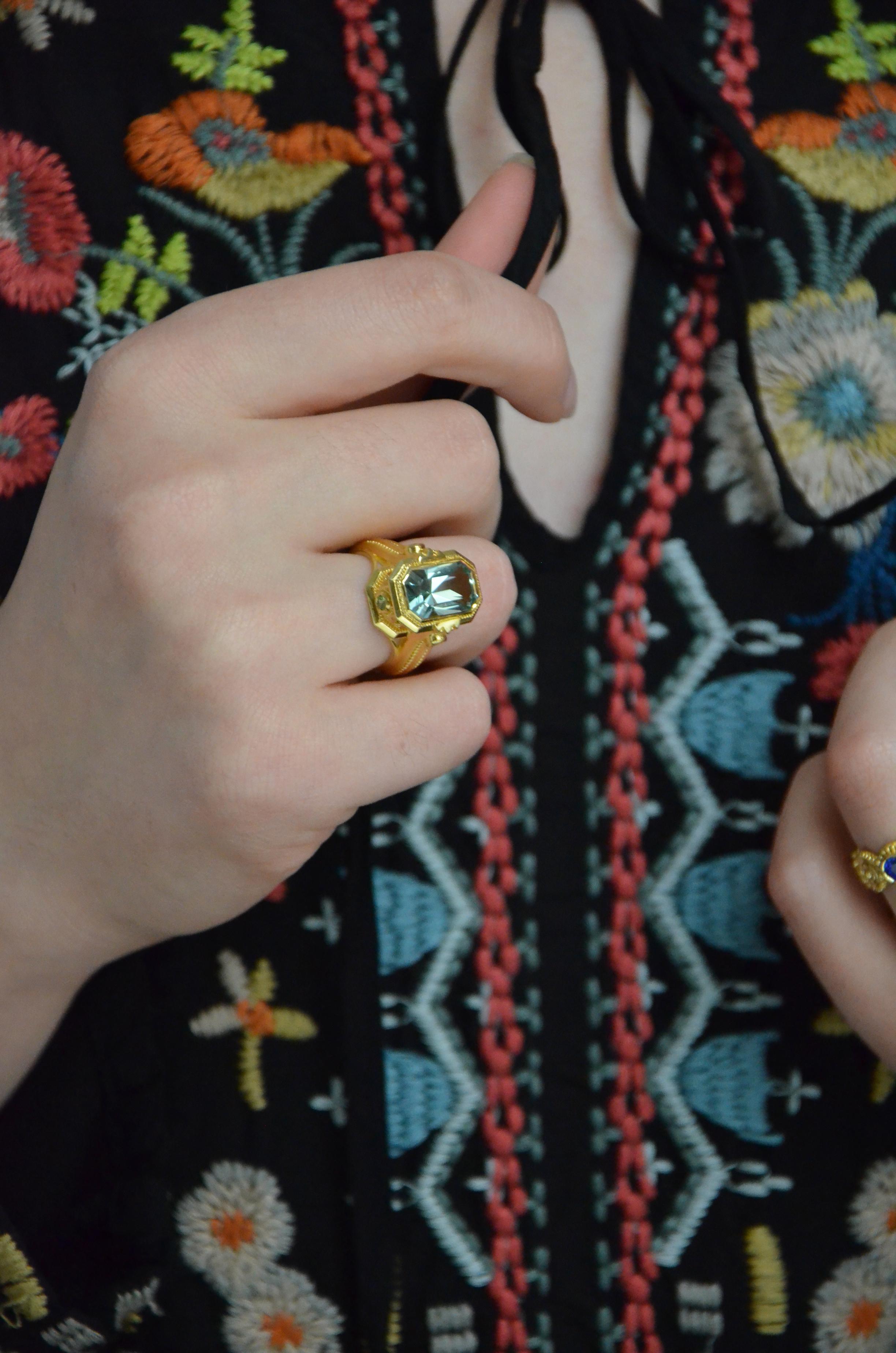 18 Karat Gold Granulation Kent Raible Aquamarine Cocktail Ring with ...