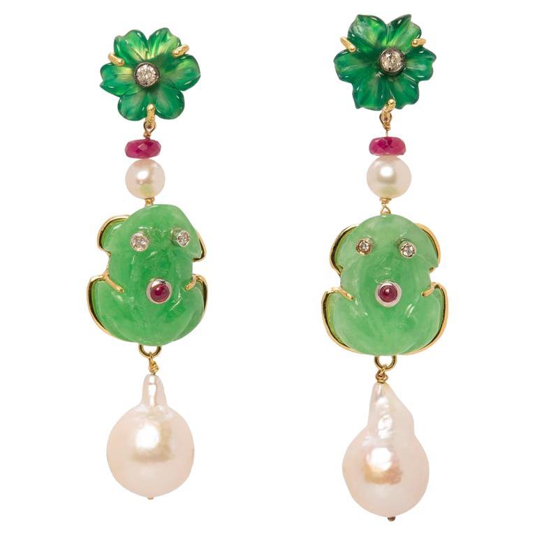 Triple Chinese Green Jade and Diamond 18 Karat Earrings by John Landrum ...