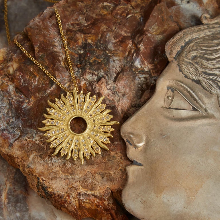 18 Karat Gold Handmade Sunburst Pendant with 64 Brilliant Cut Diamonds ...