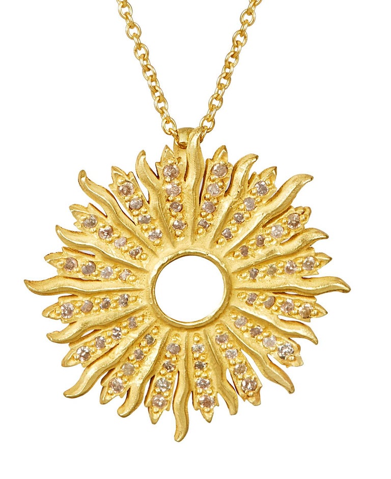 18 Karat Gold Handmade Sunburst Pendant with 64 Brilliant Cut Diamonds ...