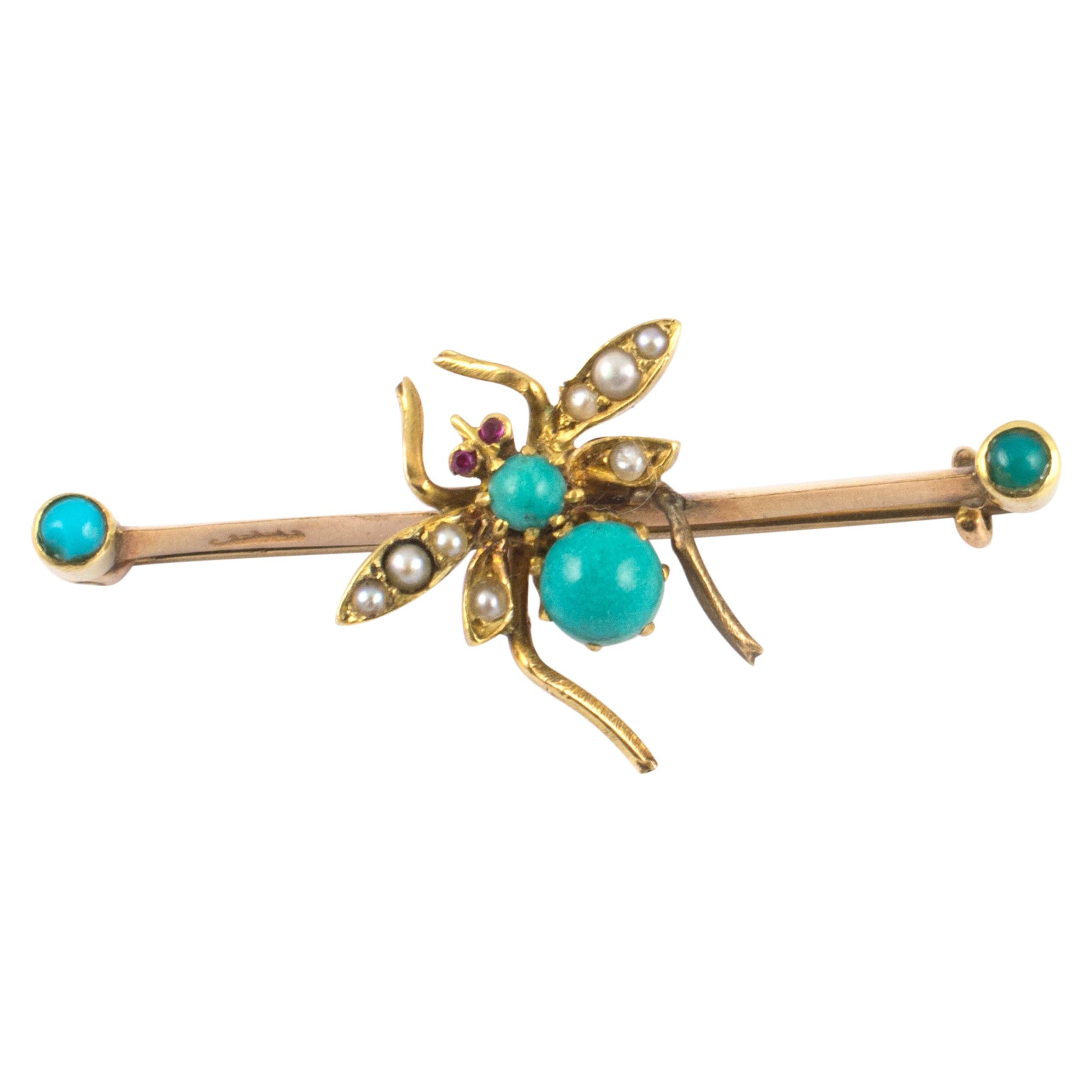 18 Karat Gold Insect Bug Pin, Set with Turquoise Pearls Rubies, circa ...