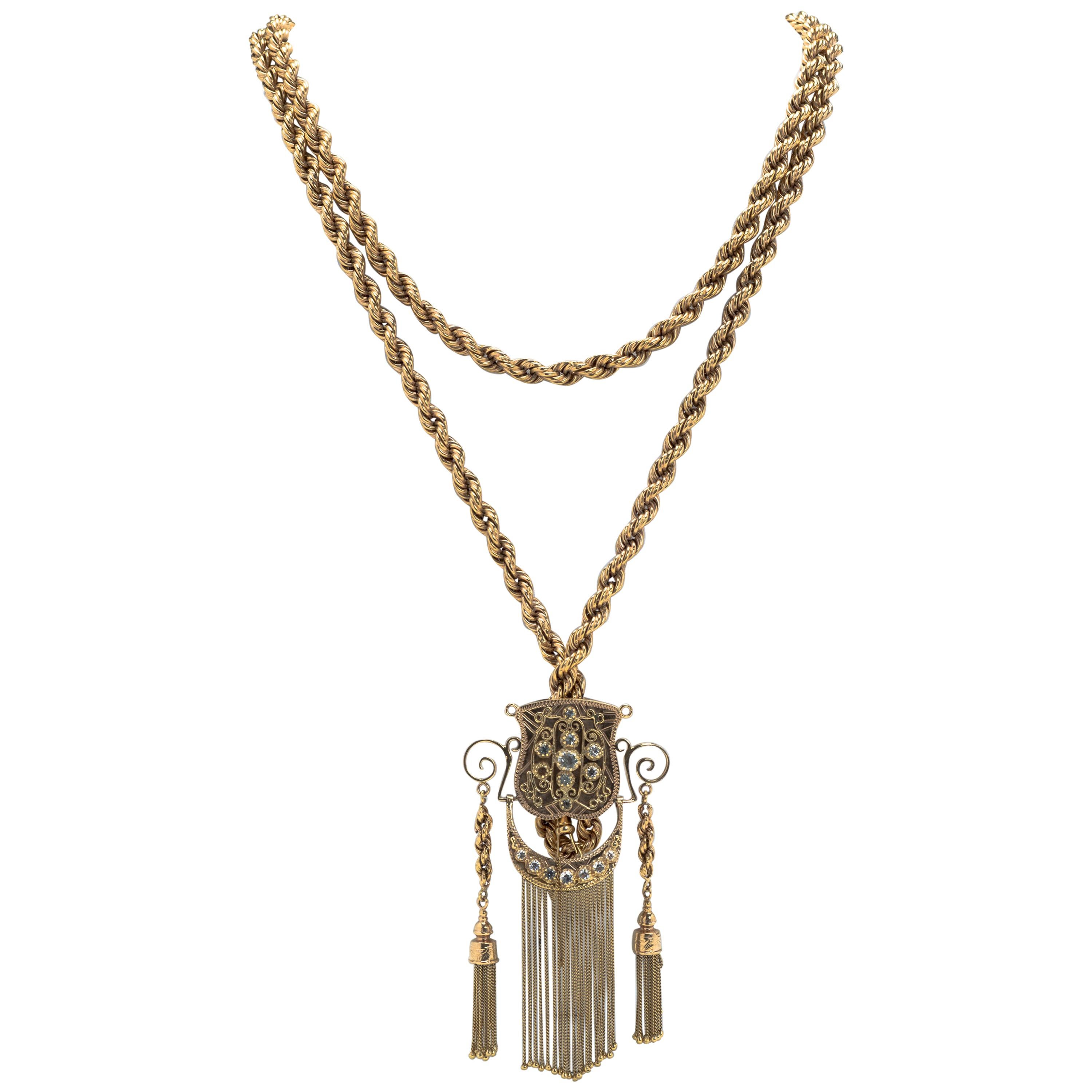 18 Karat Gold Long Rope Chain Necklace with Sliding Medallion For Sale ...