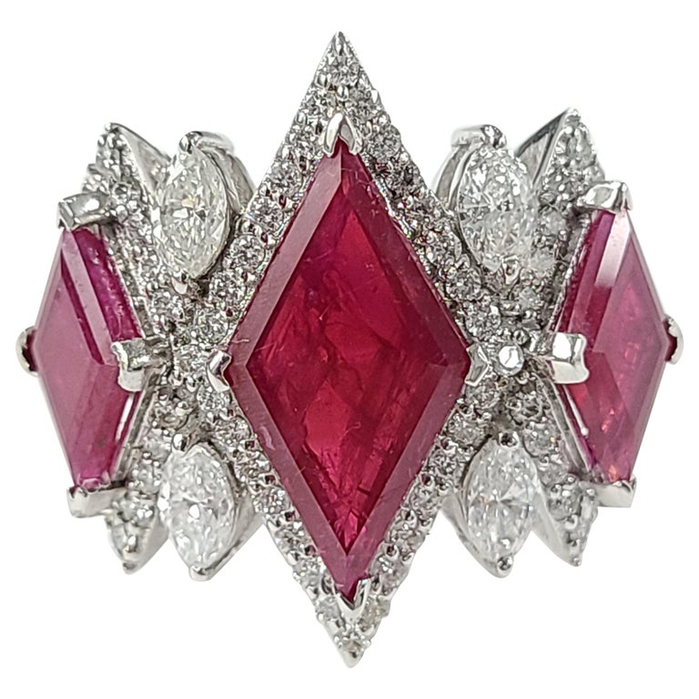 18 Karat gold Natural Kite Shaped Ruby and Marquise Diamonds Cocktail ...