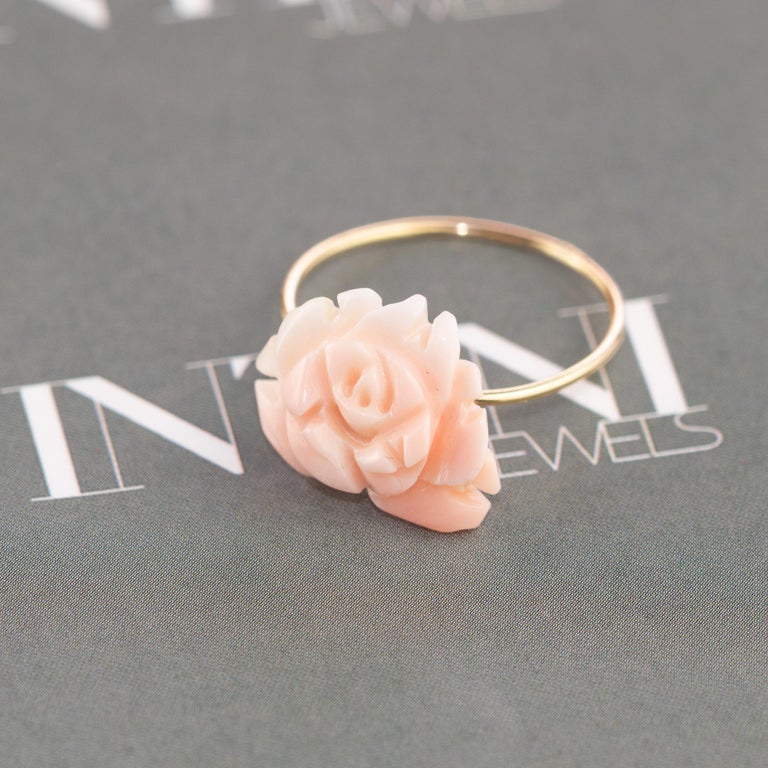18 Karat Gold Natural Pink Coral Carved Rose Flower Handmade Chic ...