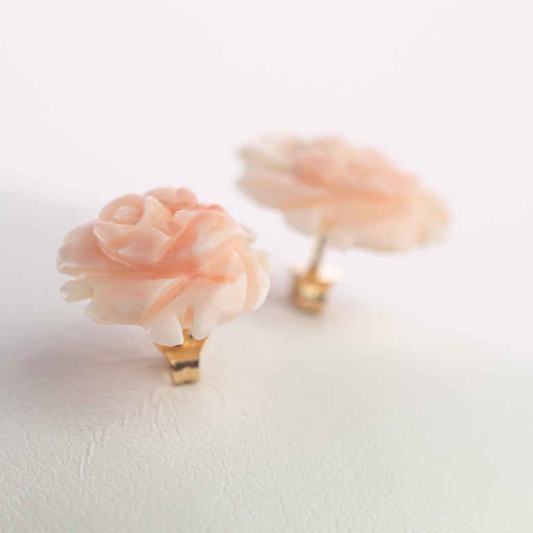 18 Karat Gold Natural Pink Coral Carved Rose Flower Stud Crafted Girl ...