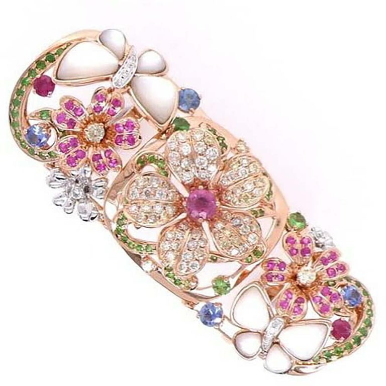 18 Karat Gold One of kind Flower Field Ring with Butterfly and Multiple ...