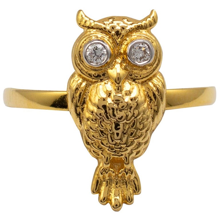 18 Karat Gold OWL Ring With Diamonds, Cute Animal Jewelry at 1stDibs