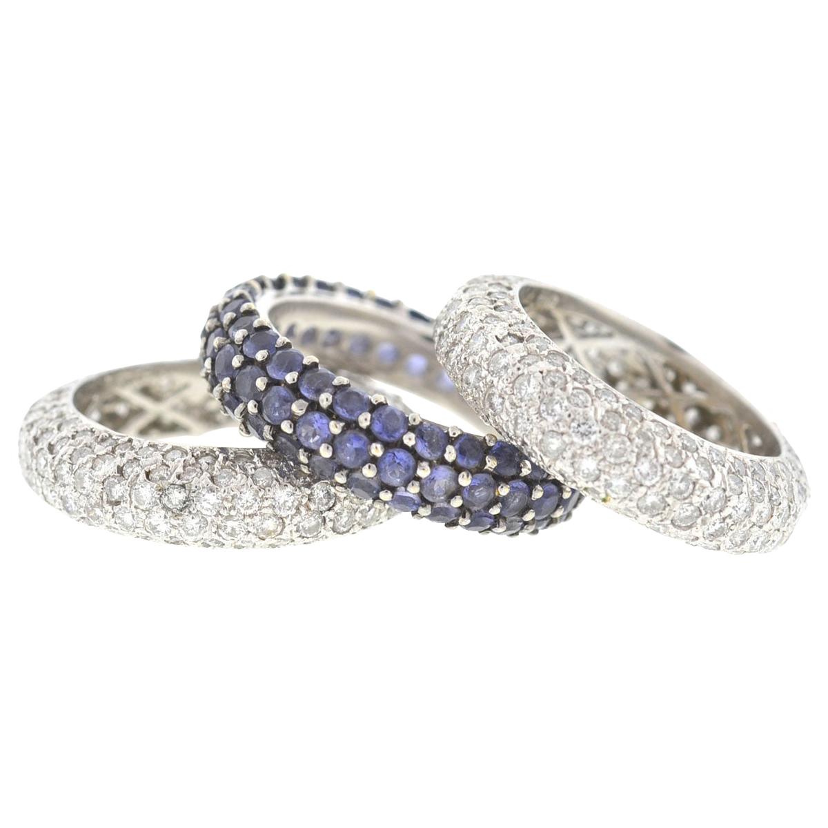 18 Karat Gold Pave Diamond and Tanzanite Eternity Band Three Stackable ...