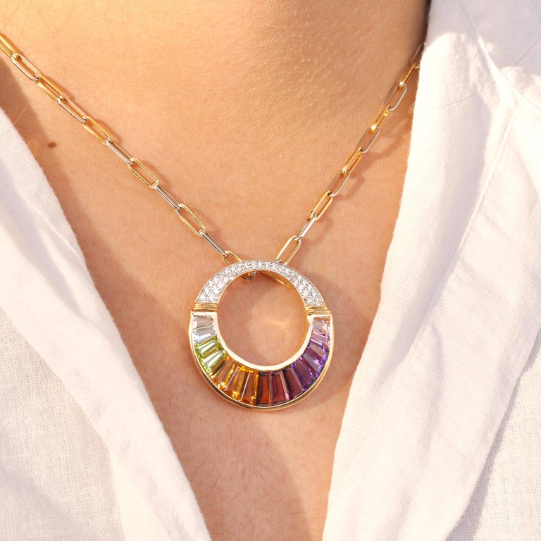 18 Karat Gold Rainbow Multicolor Baguette Diamond Pendant Necklace ...