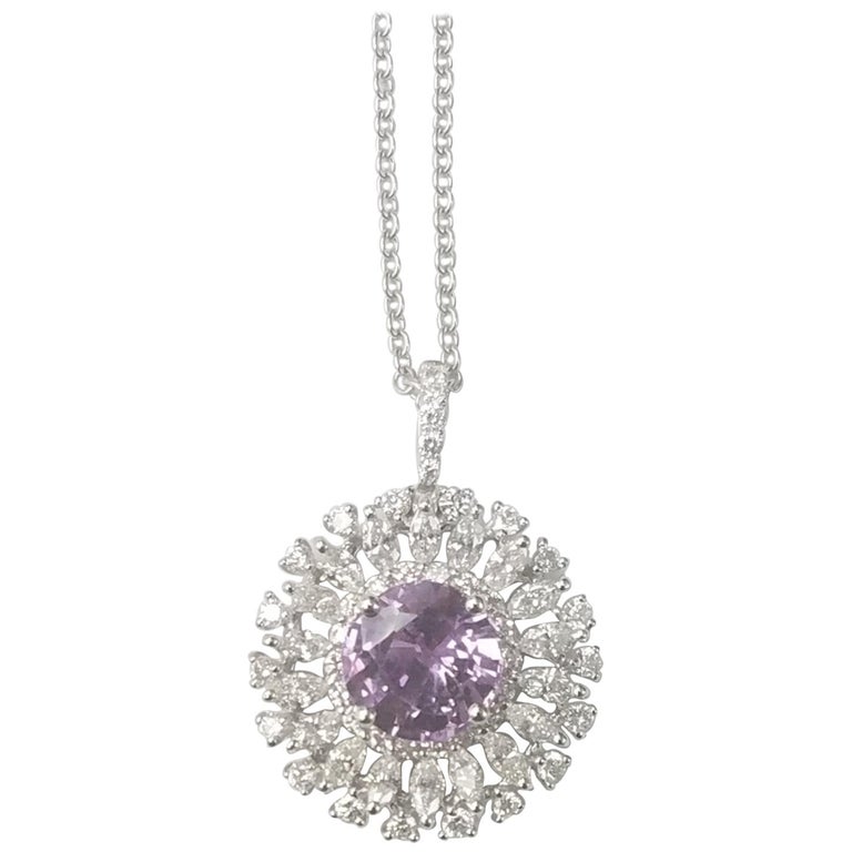 18 Karat Gold Round Natural No Heat Fancy Lavender Sapphire and Diamond ...