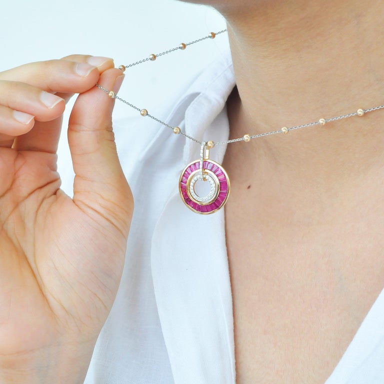 18 Karat Gold Ruby Baguettes Diamond Circular Pendant Necklace Earrings ...