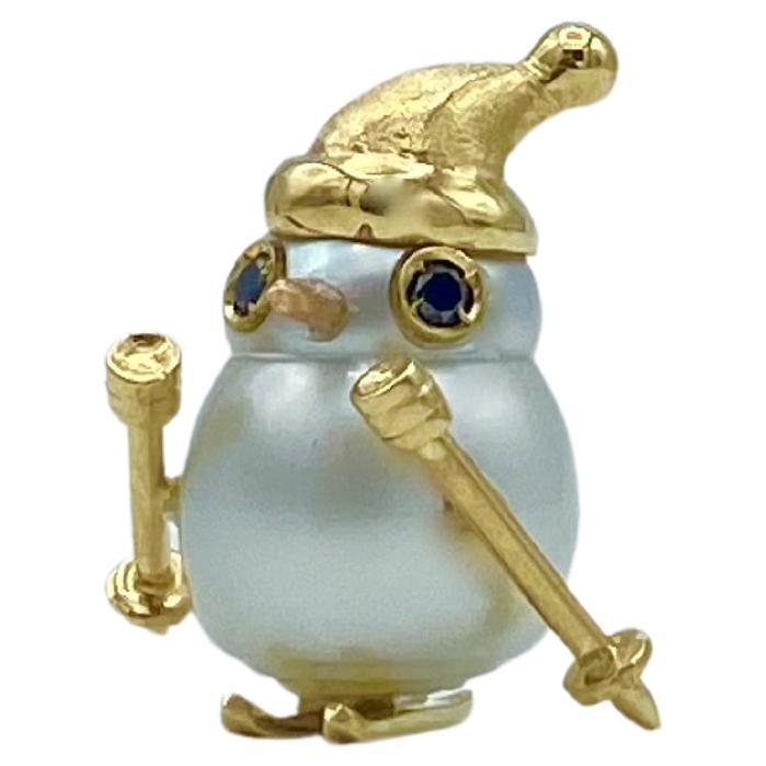 18 Karat Gold Skier Snowman Black Diamond Australian Pearl Pin Brooch ...