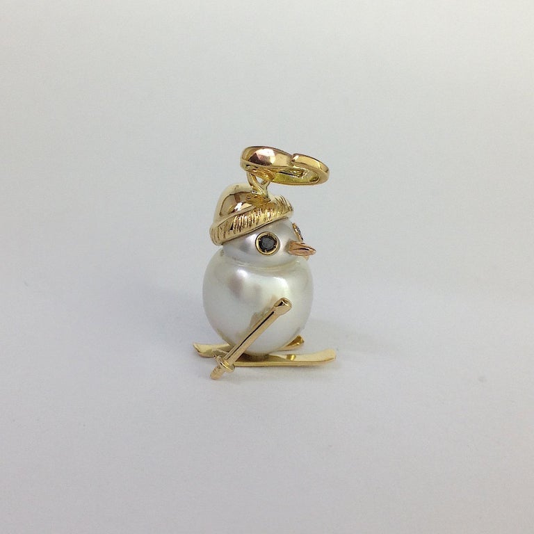 18 Karat Gold Skier Snowman Black Diamond Pearl Charm and Pendant ...