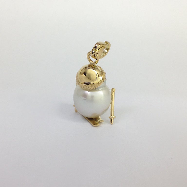 18 Karat Gold Skier Snowman Black Diamond Pearl Charm and Pendant ...