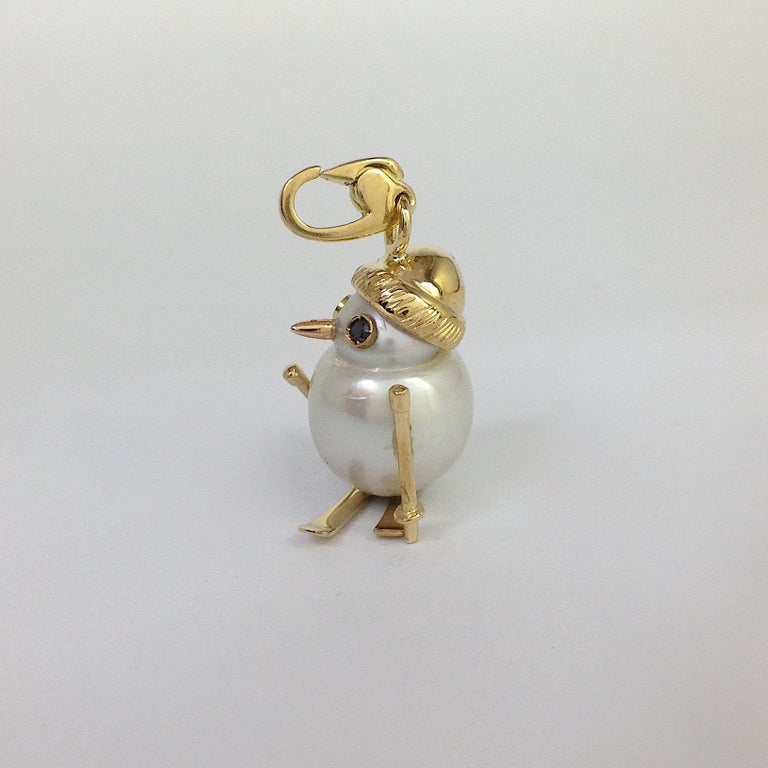 18 Karat Gold Skier Snowman Black Diamond Pearl Charm and Pendant ...