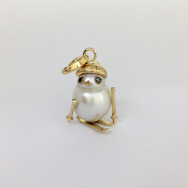 18 Karat Gold Skier Snowman Black Diamond Pearl Charm and Pendant ...