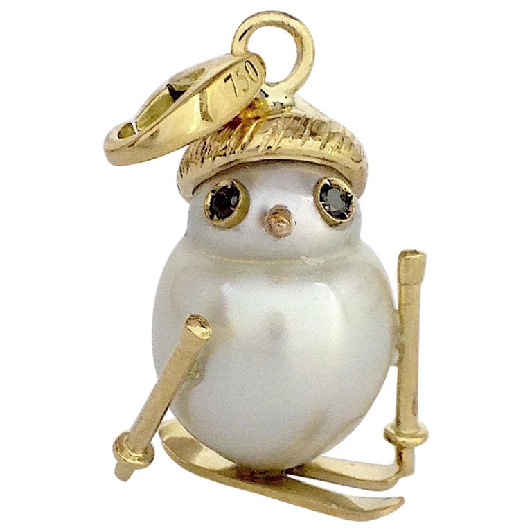18 Karat Gold Skier Snowman Black Diamond Pearl Charm and Pendant ...