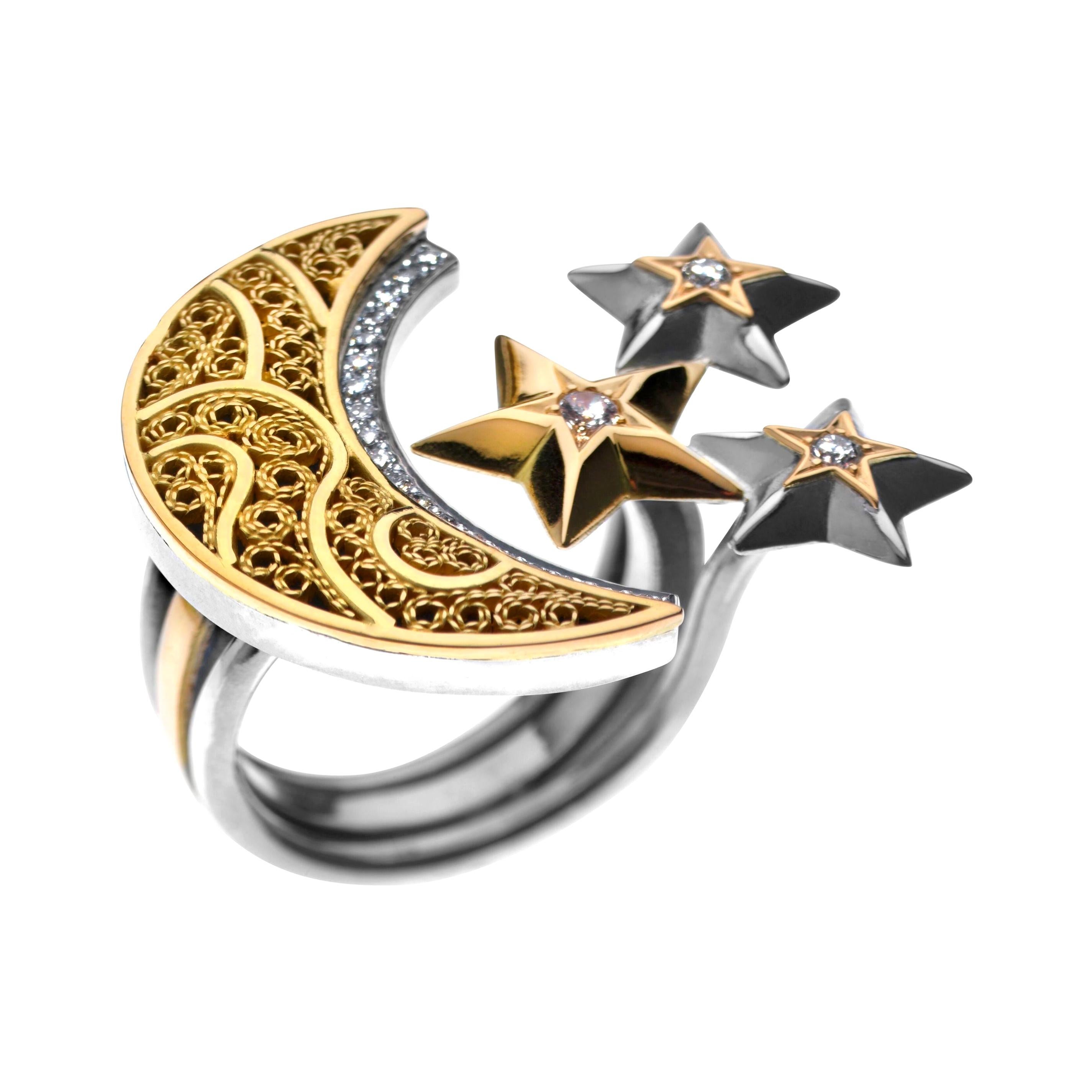 Vintage N Teufel Crescent Moon Star Diamond Spinner Ring 14 Karat Gold ...