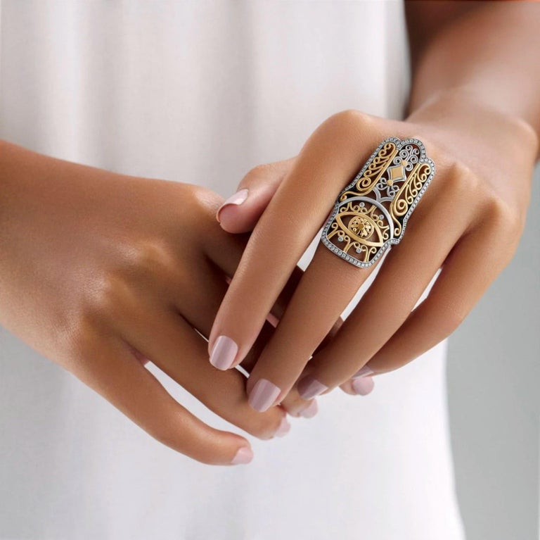 18 Karat Gold, Sterling Silver and Diamond Hand of Fatima Ring For Sale ...