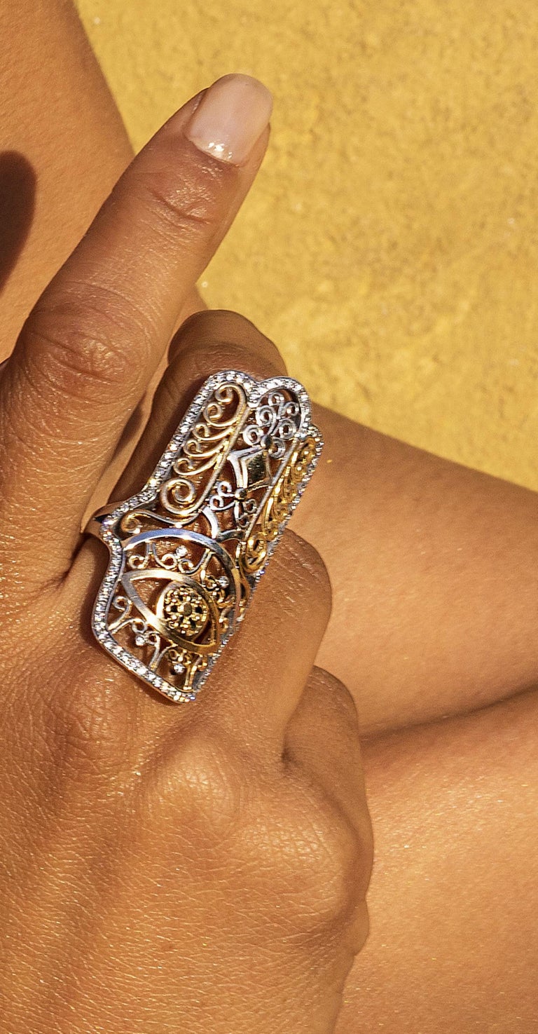 18 Karat Gold, Sterling Silver and Diamond Hand of Fatima Ring For Sale ...