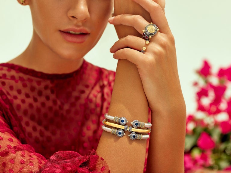 18 Karat Gold, Sterling Silver, Sapphire, Diamond and Pearl Stack ...