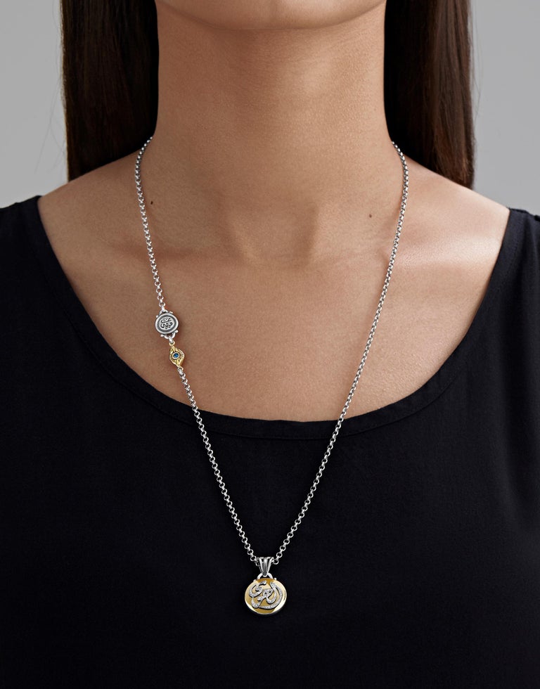 18 Karat Gold, Sterling Silver Sapphire and Diamond Calligraphy Pendant ...