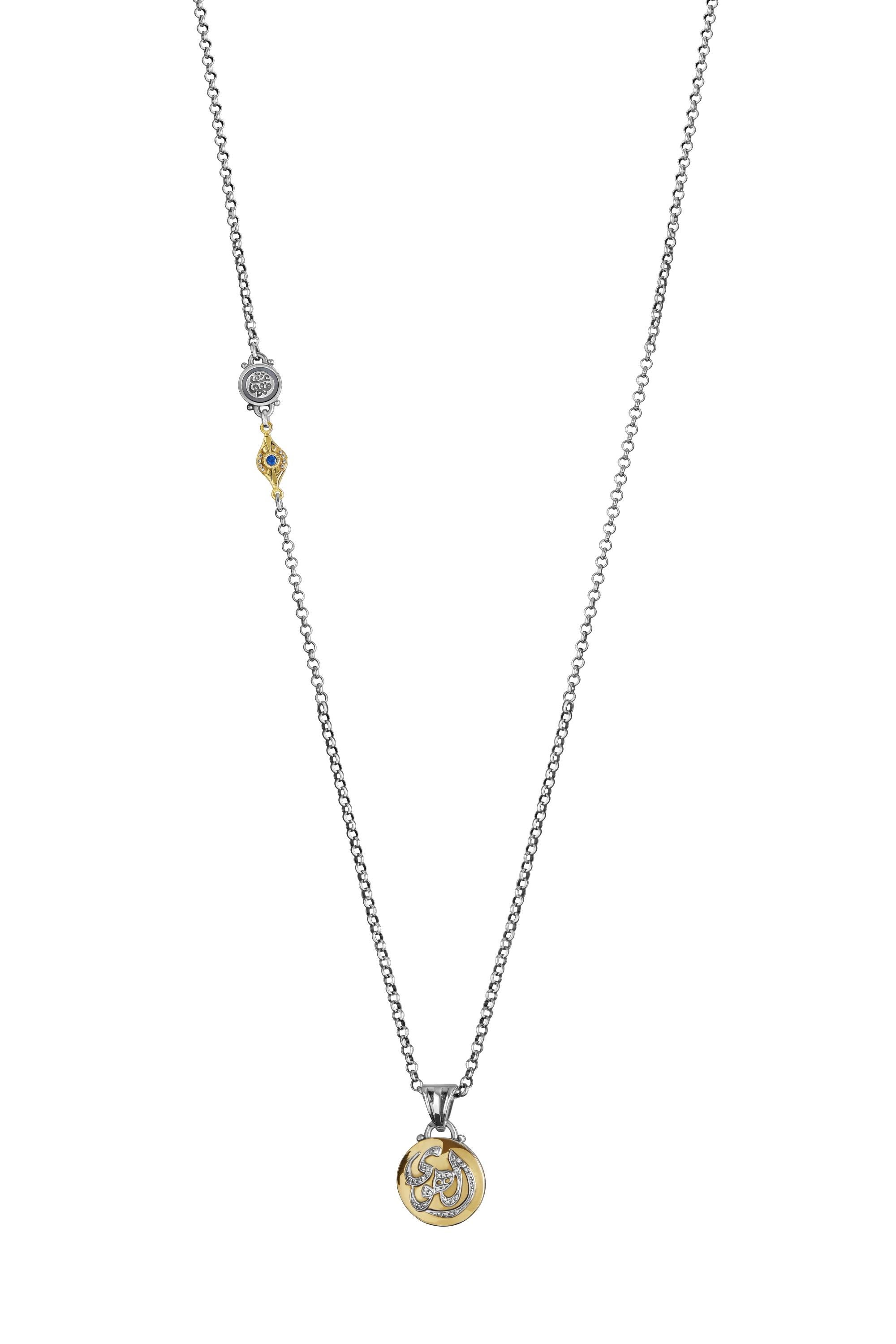 18 Karat Gold, Sterling Silver Sapphire and Diamond Calligraphy Pendant ...