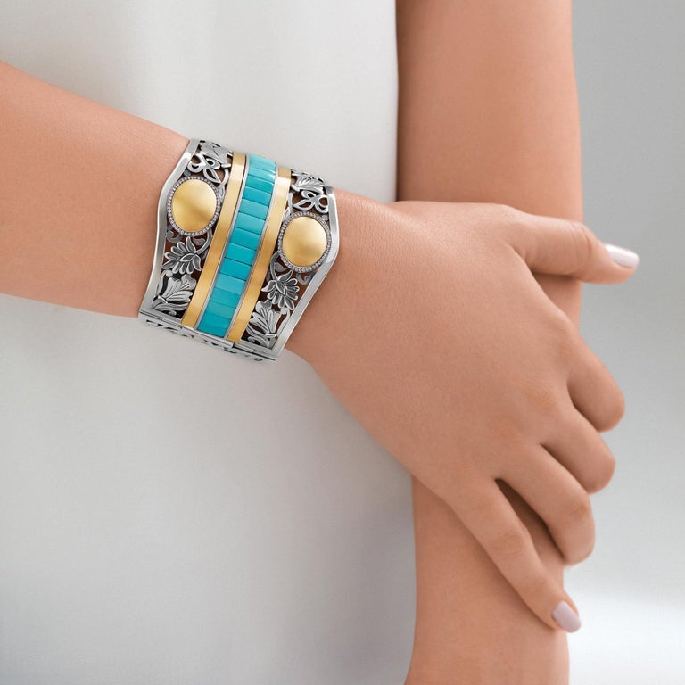 18 Karat Gold, Sterling Silver, Turquoise and Diamond Gypsy Floral Cuff ...