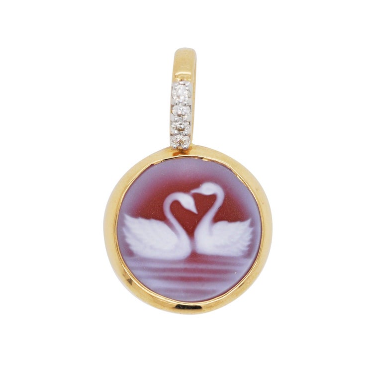 18 Karat Gold Swan Natural Agate Gemstone Cameo Diamond Pendant ...