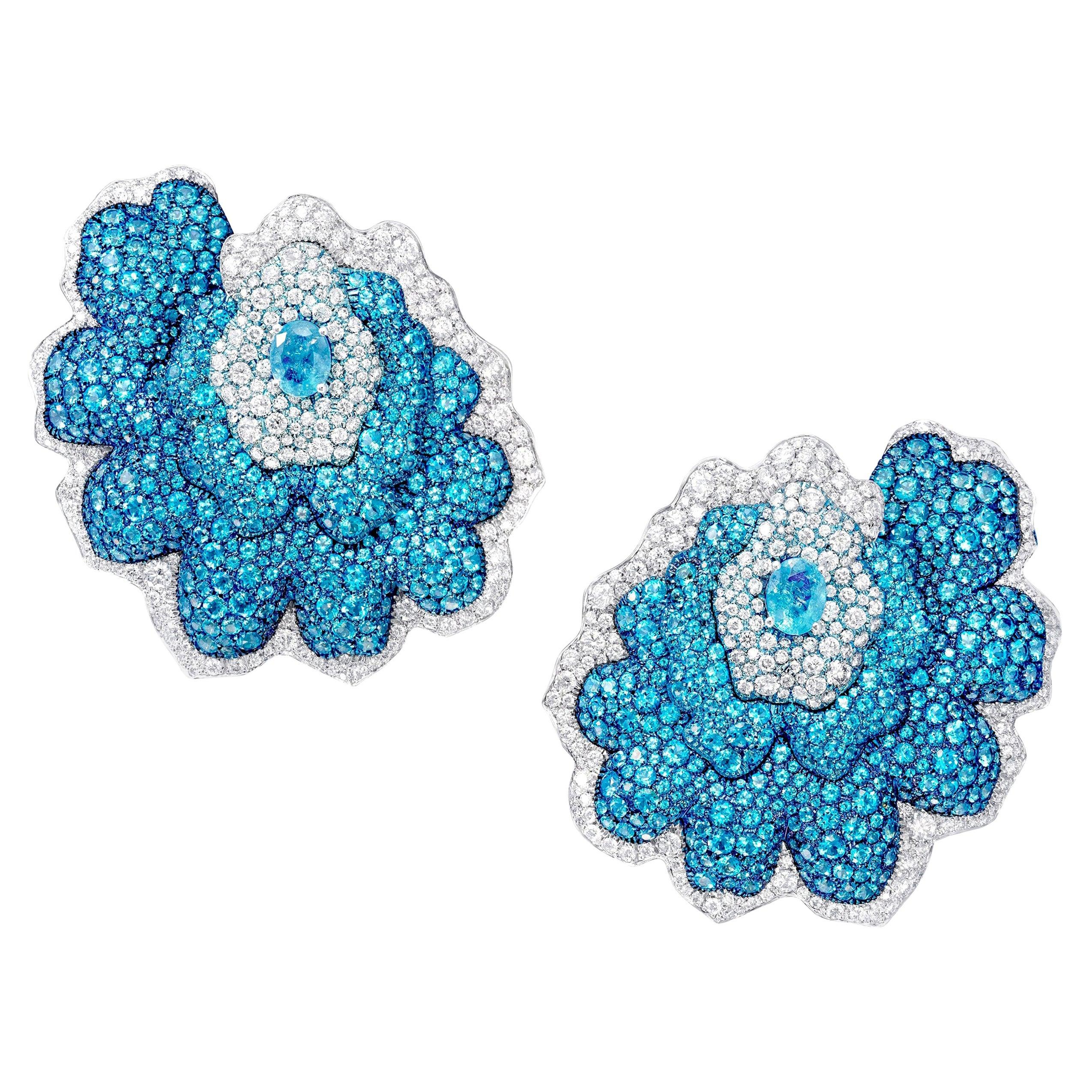 Blue Titanium Flower Earrings with Diamonds and Pearls For Sale at 1stDibs