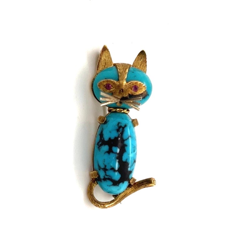18 Karat Gold Turquoise and Ruby Cat Pin Brooch by Cartier, circa 1960s ...