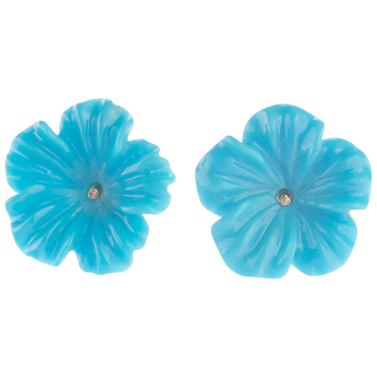 14 Karat Gold Turquoise Flower Handmade Italian Girl Carved Stud ...