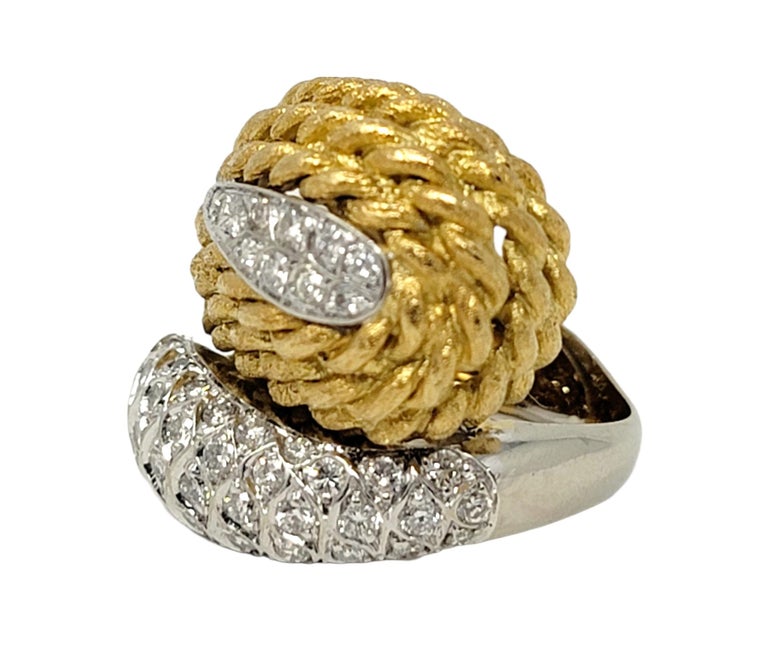 18 Karat Gold Two Tone Rope Detail Wrap Style Dome Ring with Diamond ...