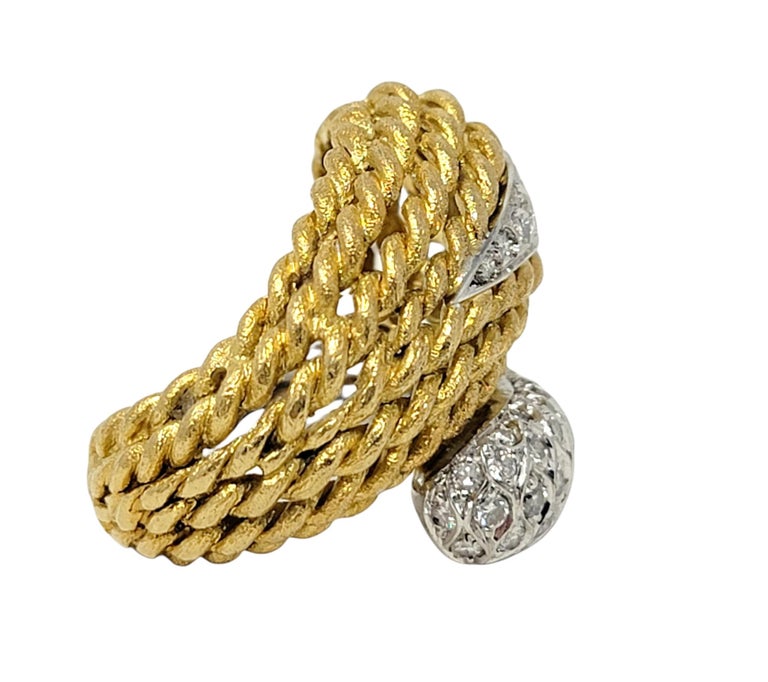 18 Karat Gold Two Tone Rope Detail Wrap Style Dome Ring with Diamond ...