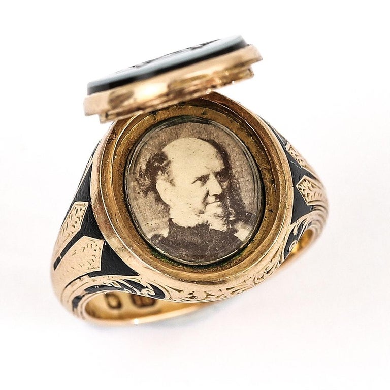 Unusual Victorian Chalcedony and Black Enamel Locket Mourning Ring 18 ...